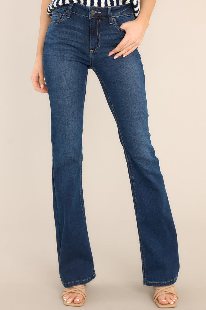 Mid Rise Dark Wash Flare Jeans - All Denim | Red Dress