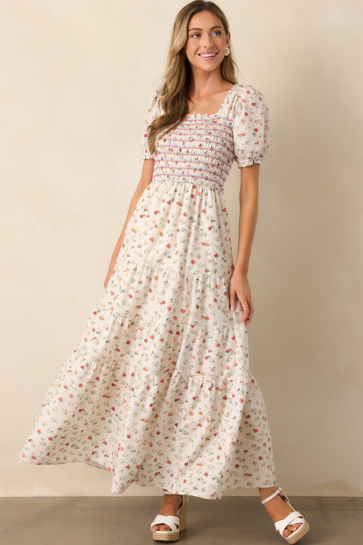 Cotton Ivory Floral Puff Sleeve Maxi Dress - All Dresses | Red Dress