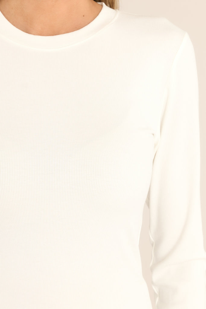 Ribbed White Long Sleeve Crewneck Tee - All Tops | Red Dress