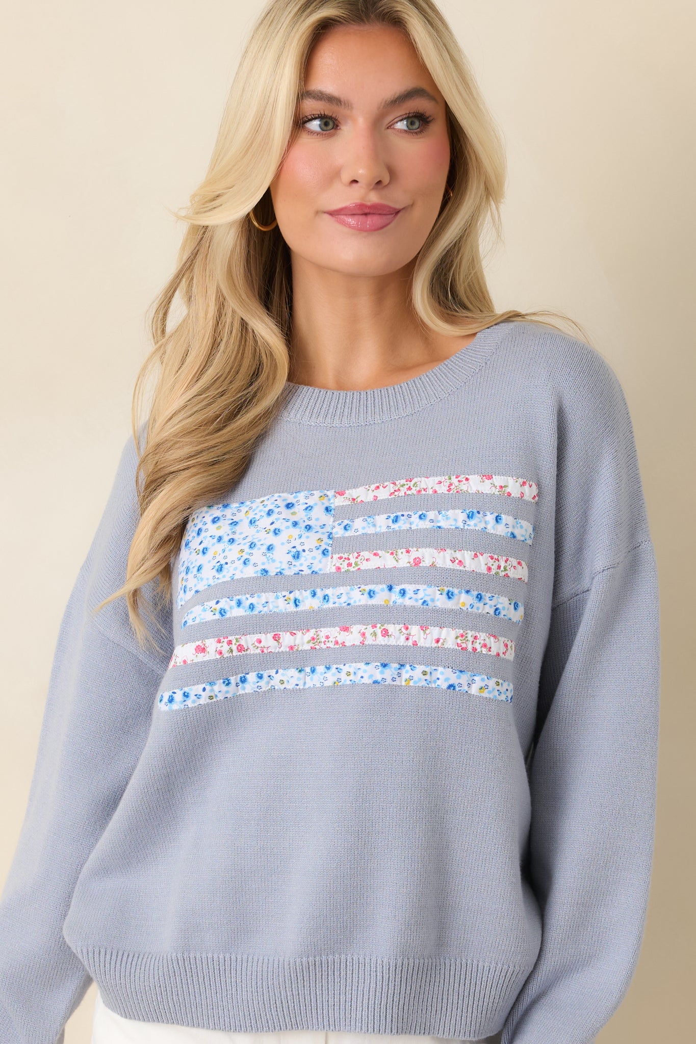 Dusty Blue Floral Patchwork Flag Knit Sweater - All Tops | Red Dress