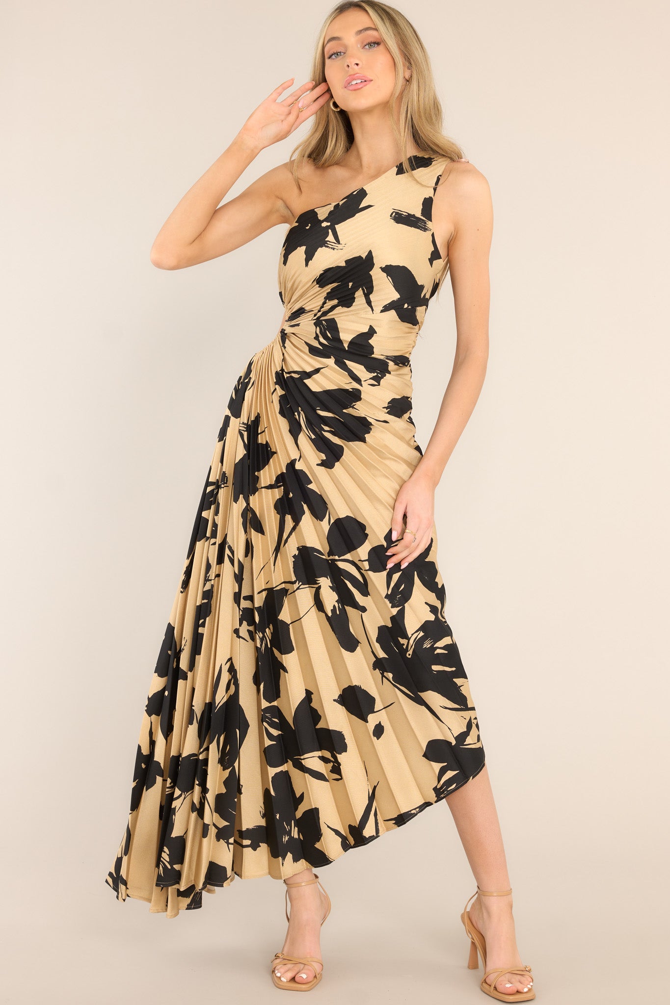 Tan Print Cut-Out Pleated Maxi Dress - Maxi Dresses | Red Dress