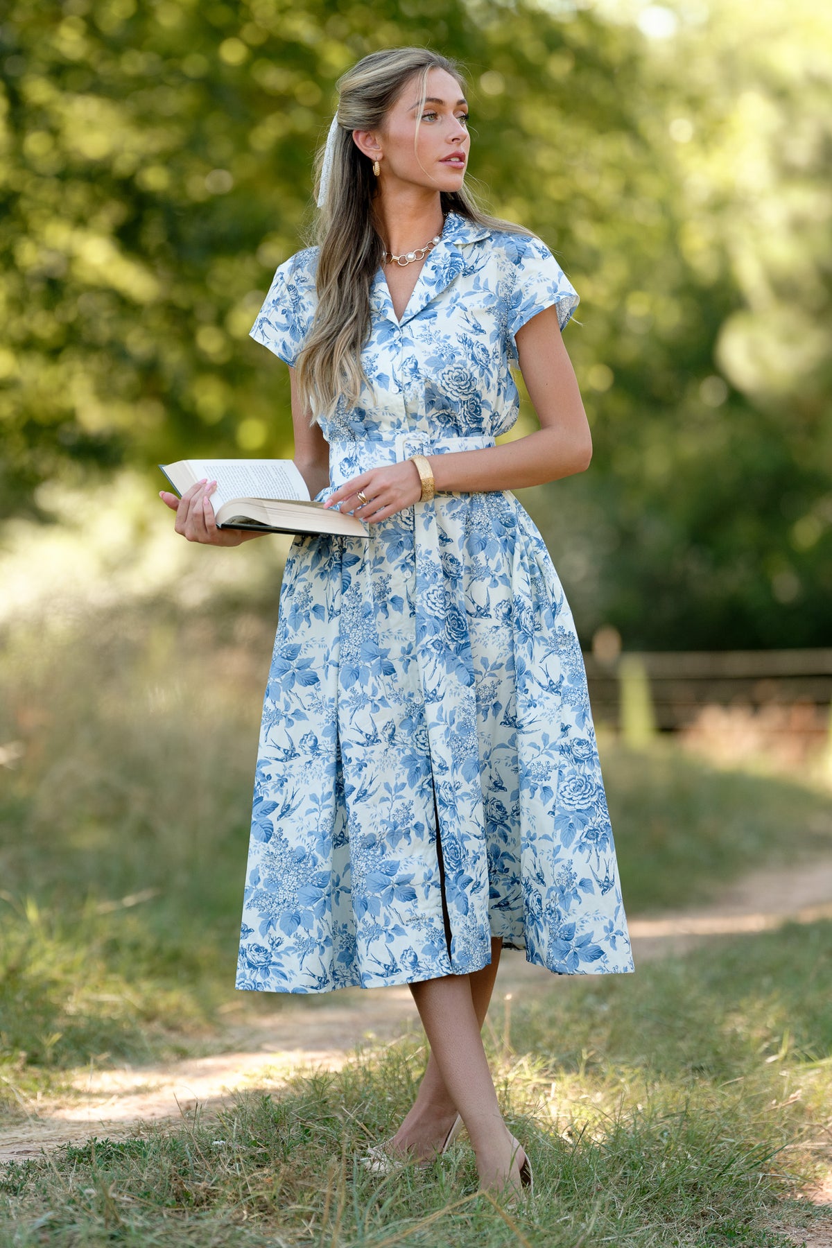 Floral Blue & White Midi Dress - All Dresses | Red Dress