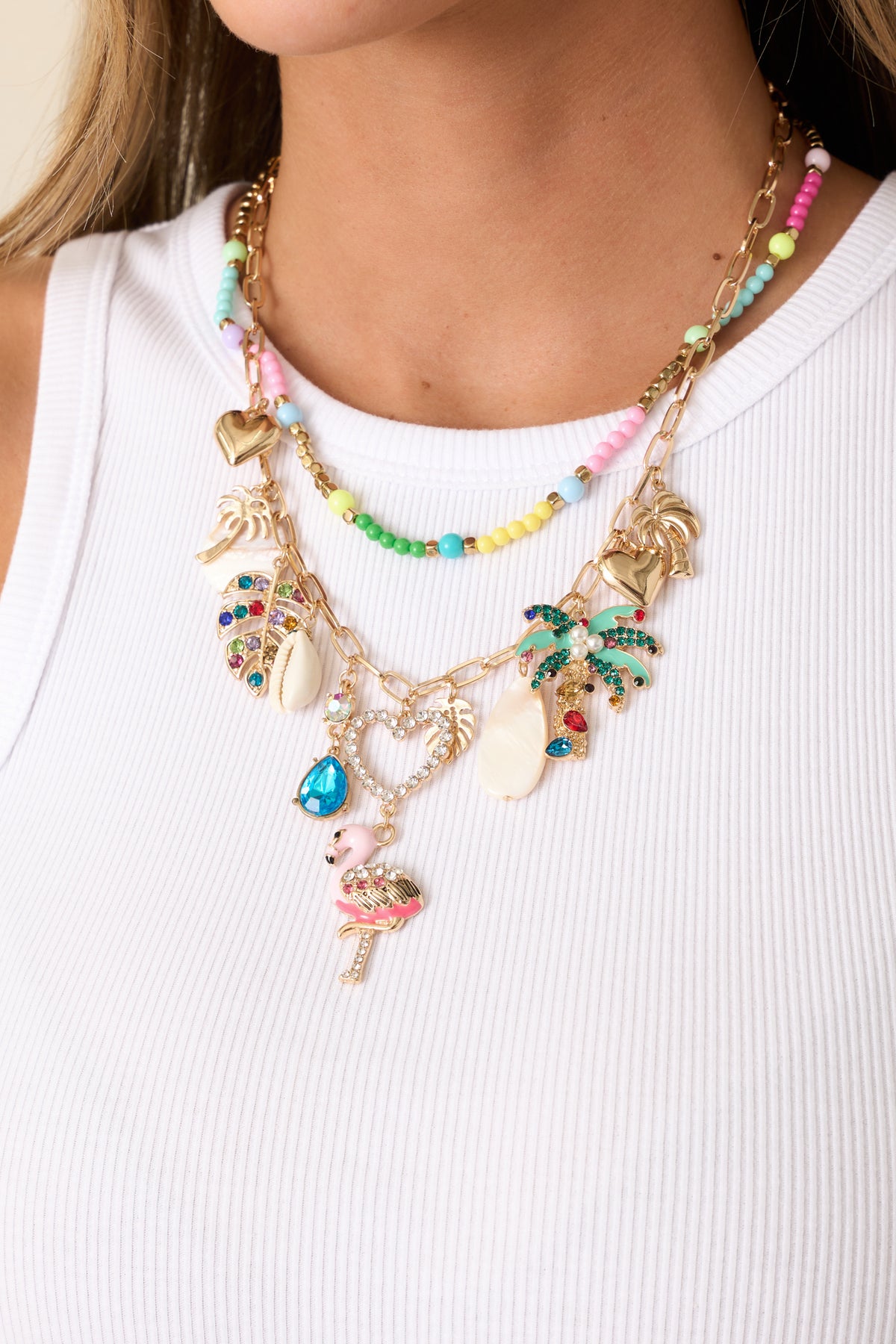 Gold Multi Charm Layered Necklace - All Jewelry | Red Dress