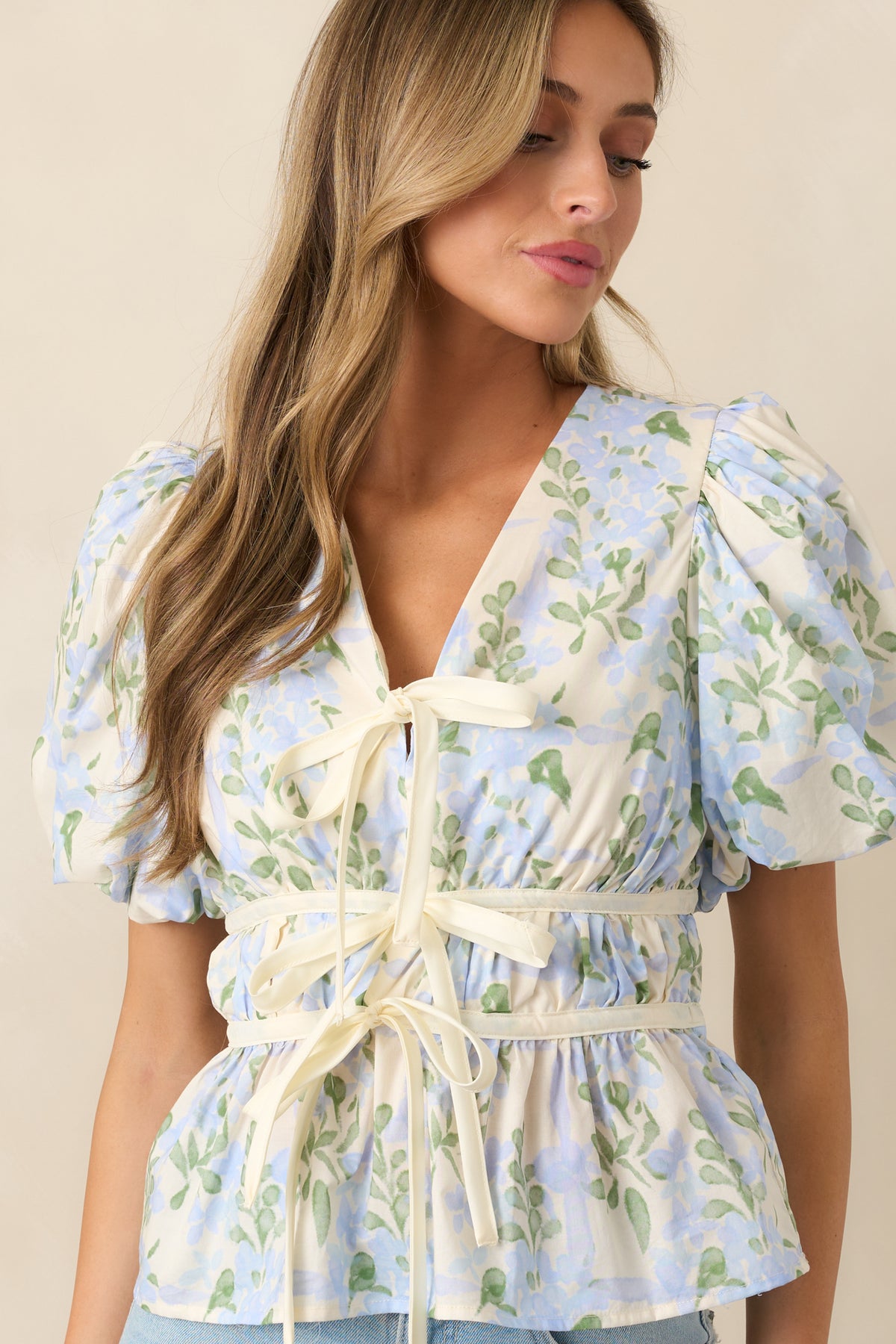 Cotton Blue Floral Puff Sleeve Blouse - All Tops | Red Dress