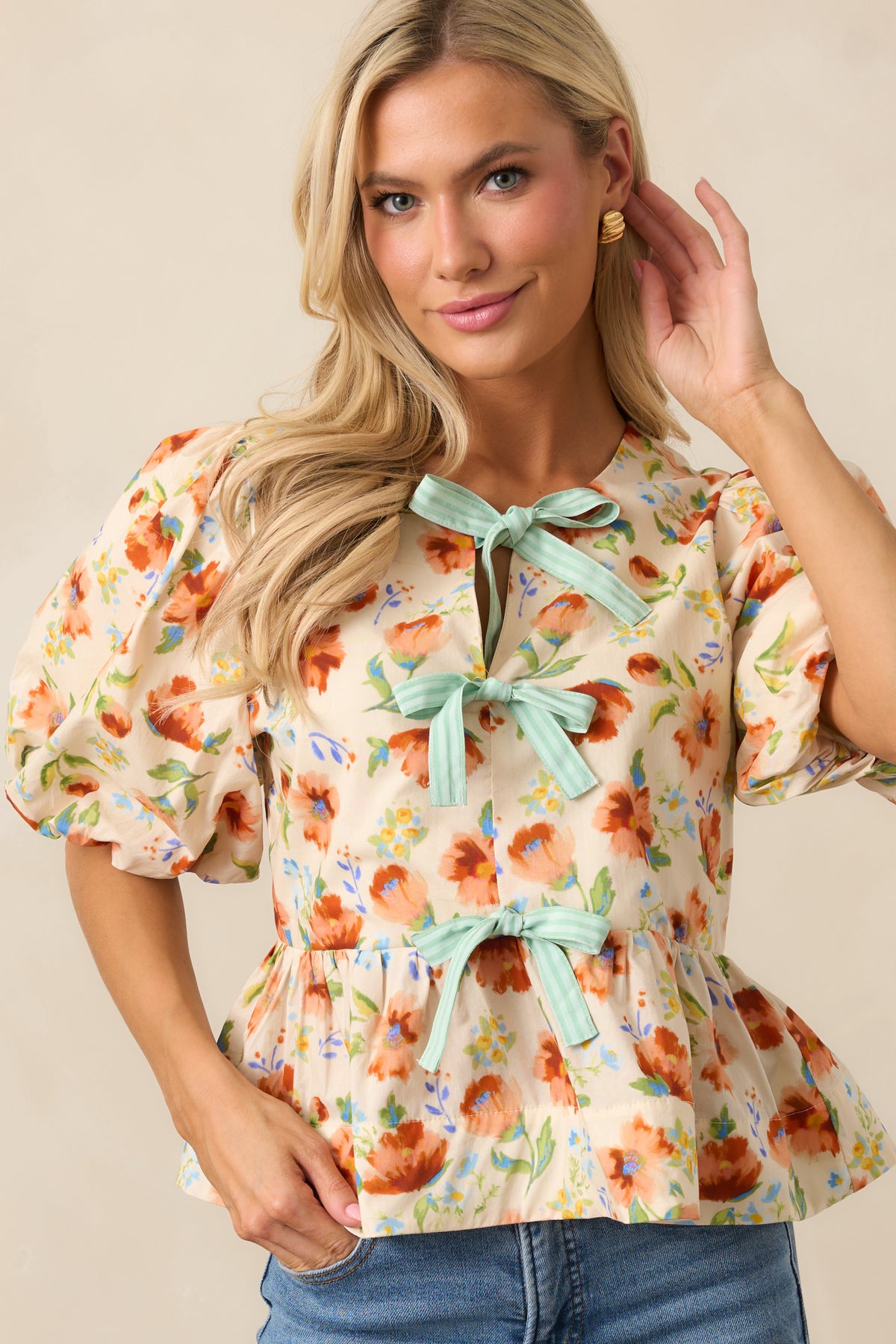 Ecru Cotton Bow Front Peplum Top - Fresh Florals | Red Dress