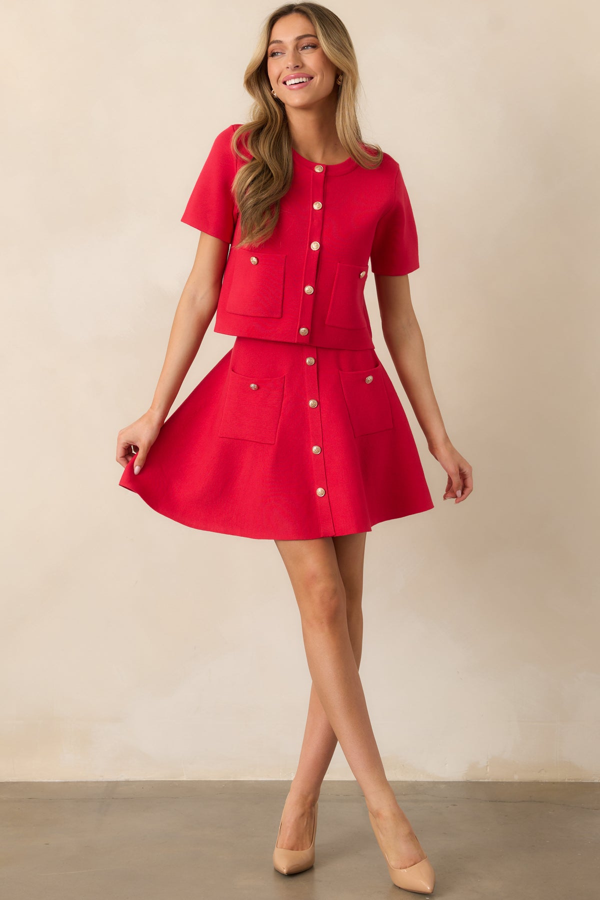 Red Button Front Mini Skirt - Two Piece Sets | Red Dress