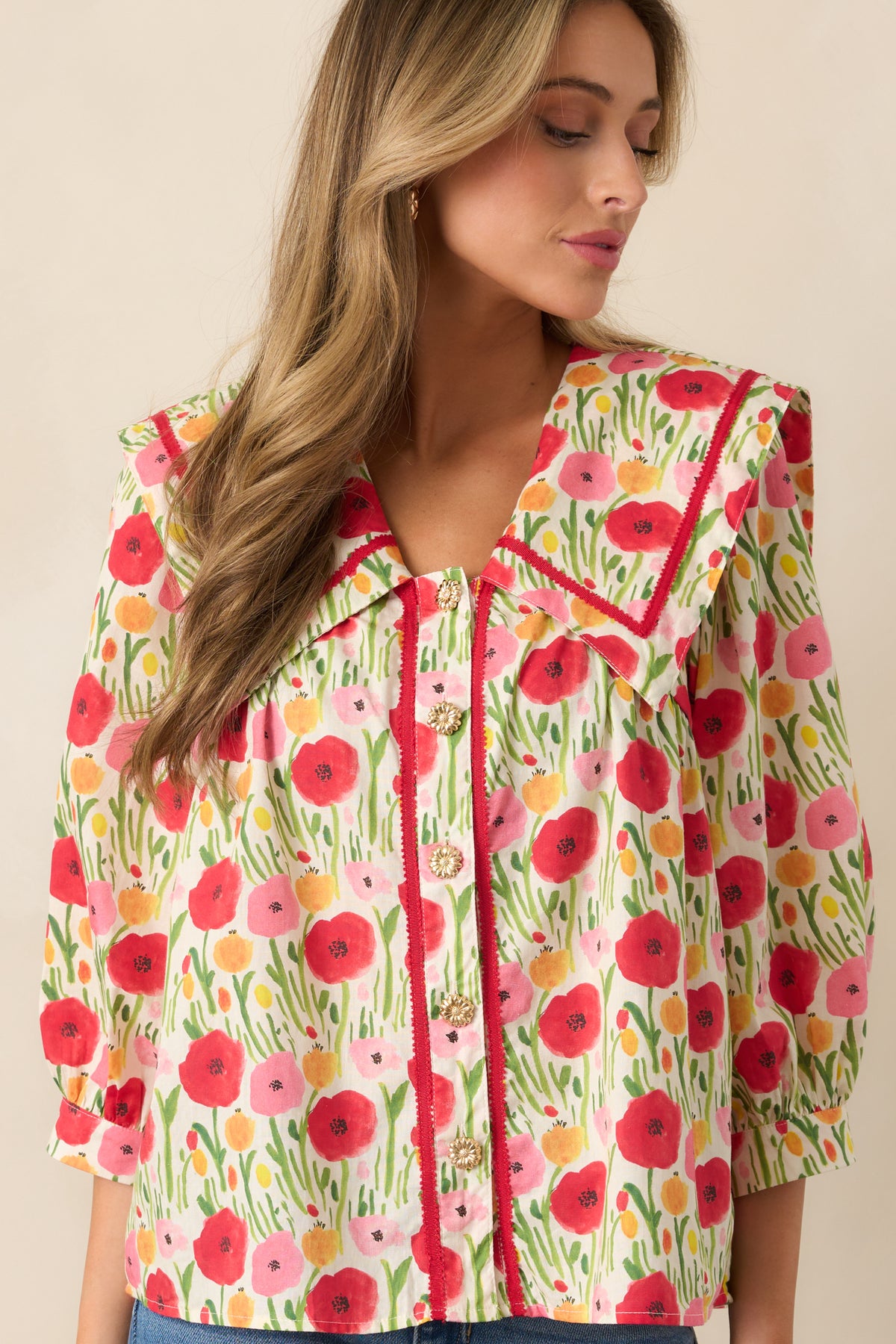 Red Floral Button Front Blouse - All Tops | Red Dress