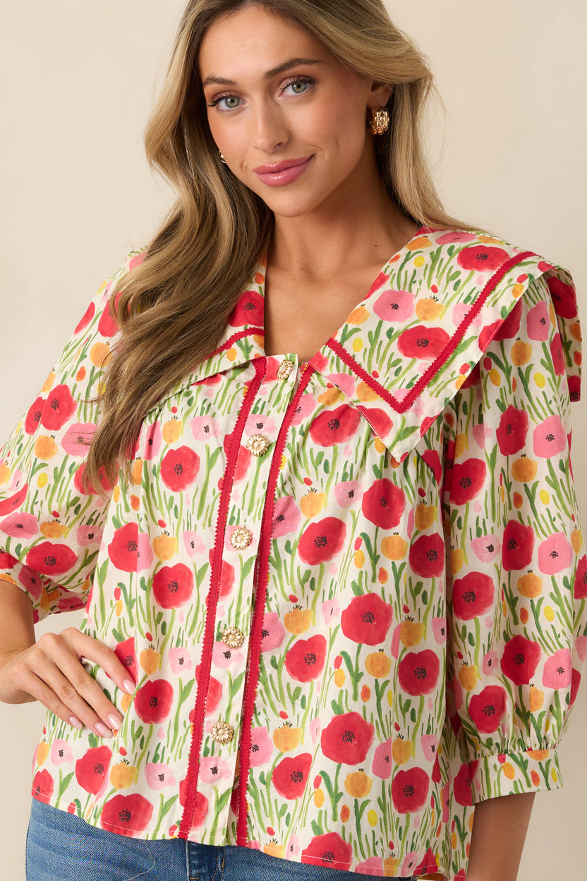 Red Floral Button Front Blouse - All Tops | Red Dress
