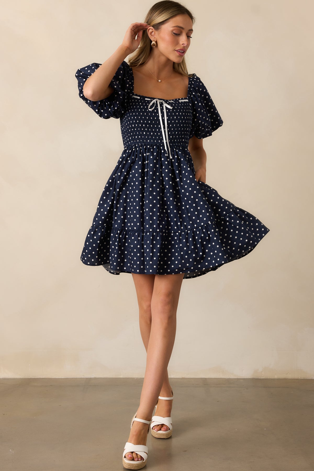 Navy Polka Dot Mini Dress - All Dresses | Red Dress