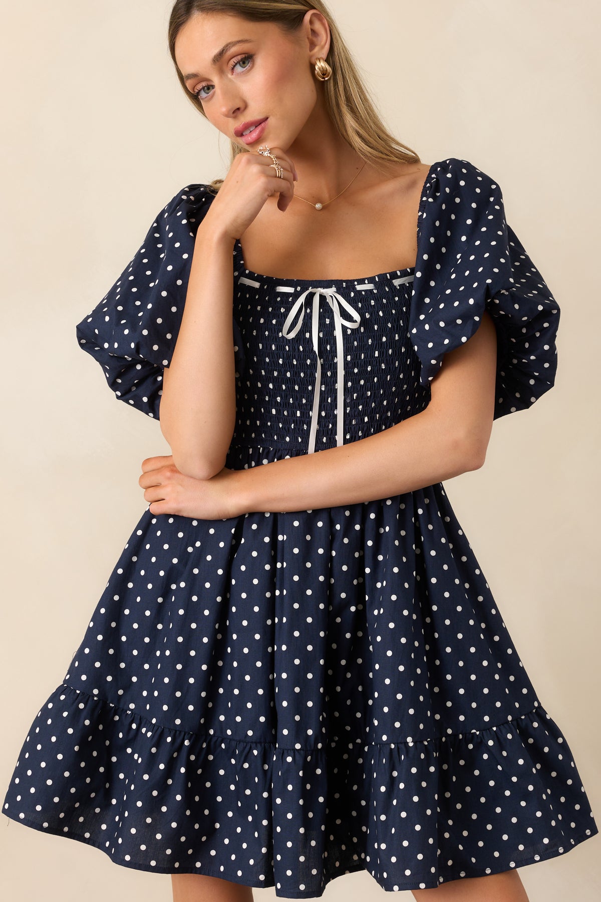 Navy Polka Dot Mini Dress - All Dresses | Red Dress