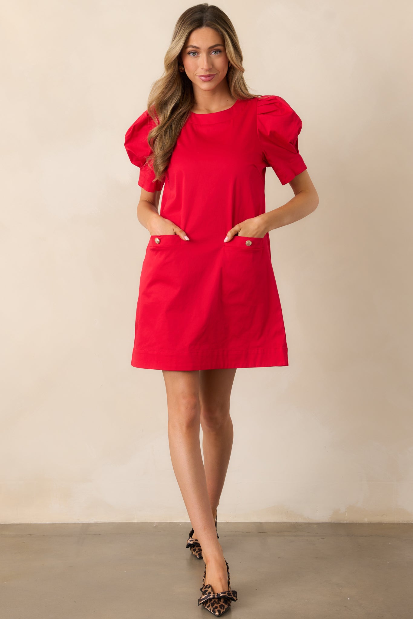 Cotton Red Puff Sleeve Mini Dress - All Dresses | Red Dress