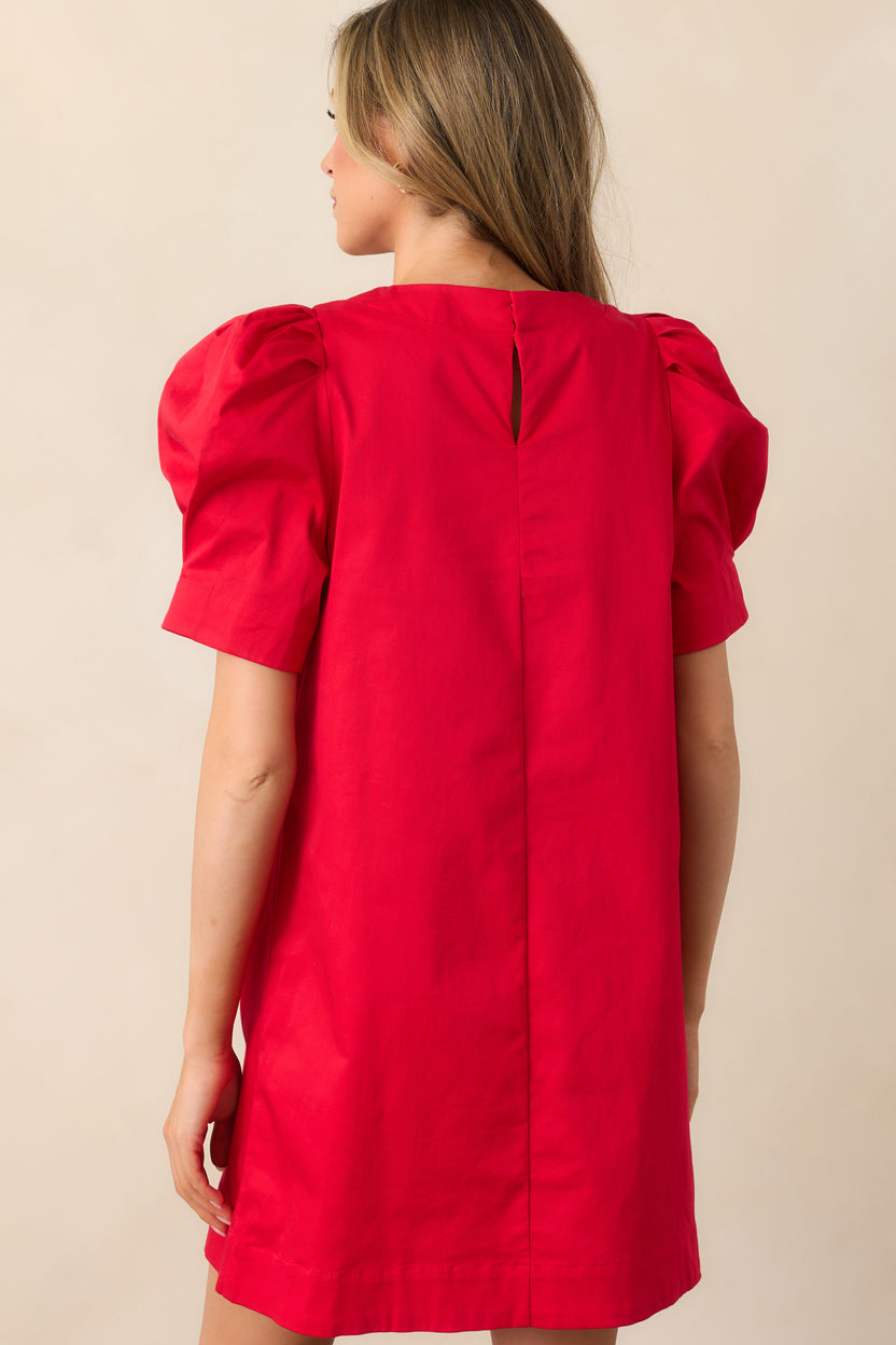 Cotton Red Puff Sleeve Mini Dress - All Dresses | Red Dress