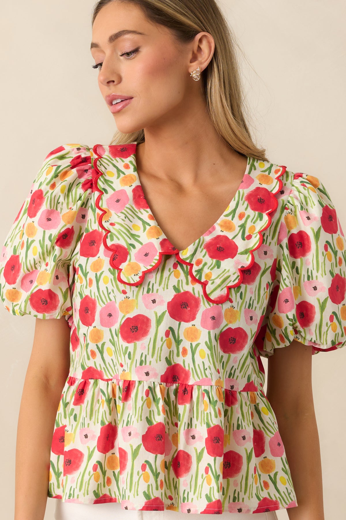 Red Floral Puff Sleeve Blouse - All Tops | Red Dress