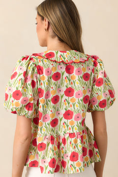 Red Floral Puff Sleeve Blouse - All Tops | Red Dress