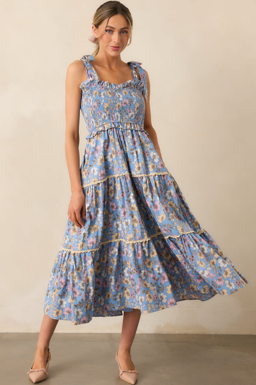 Cotton Ash Blue Floral Midi Dress - All Dresses | Red Dress