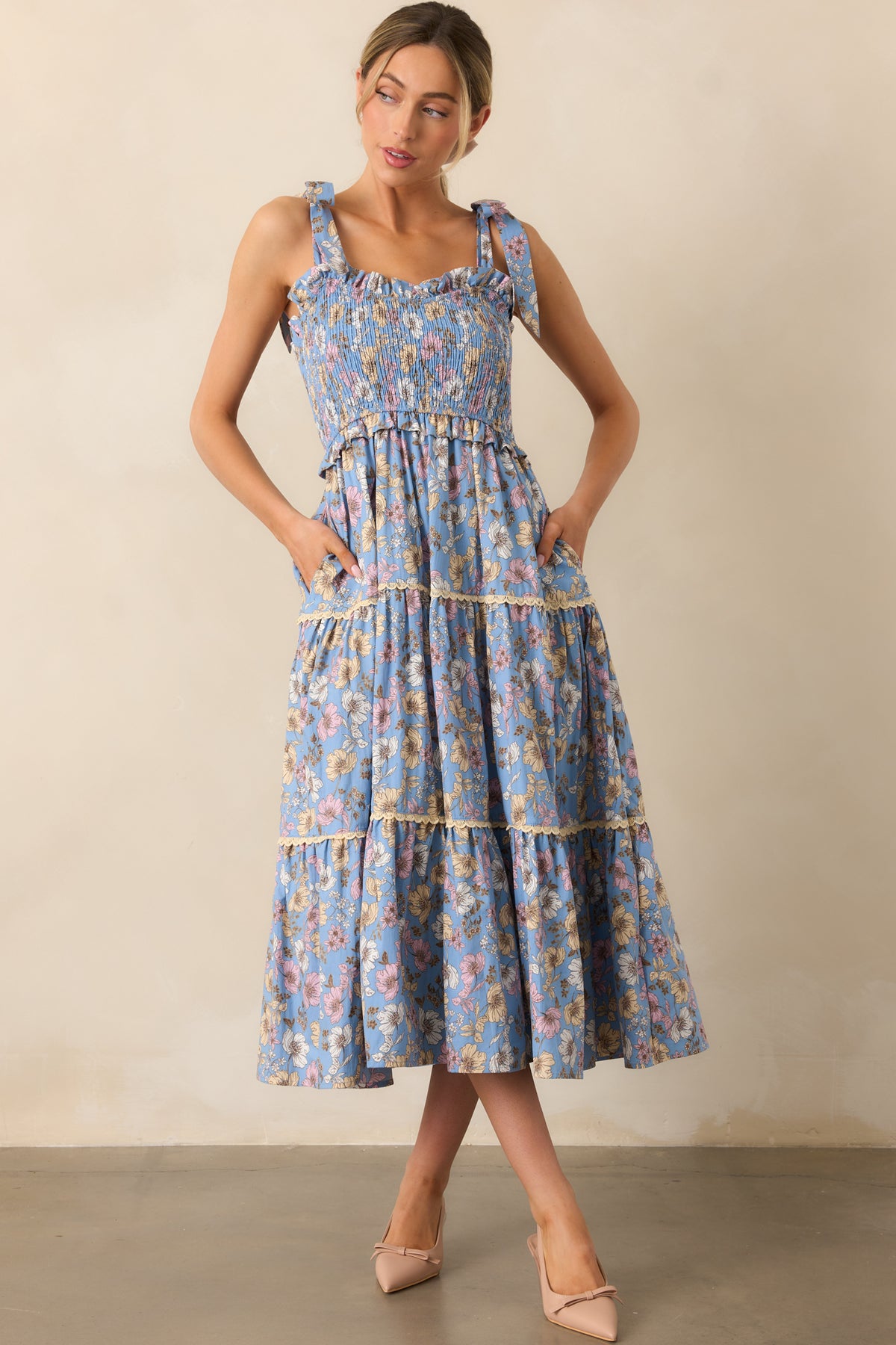 Cotton Ash Blue Floral Midi Dress - All Dresses | Red Dress