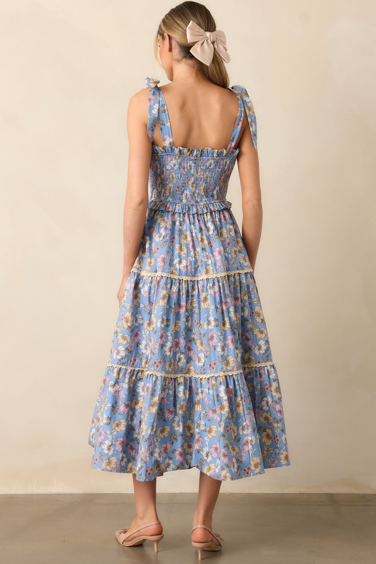 Cotton Ash Blue Floral Midi Dress - All Dresses | Red Dress