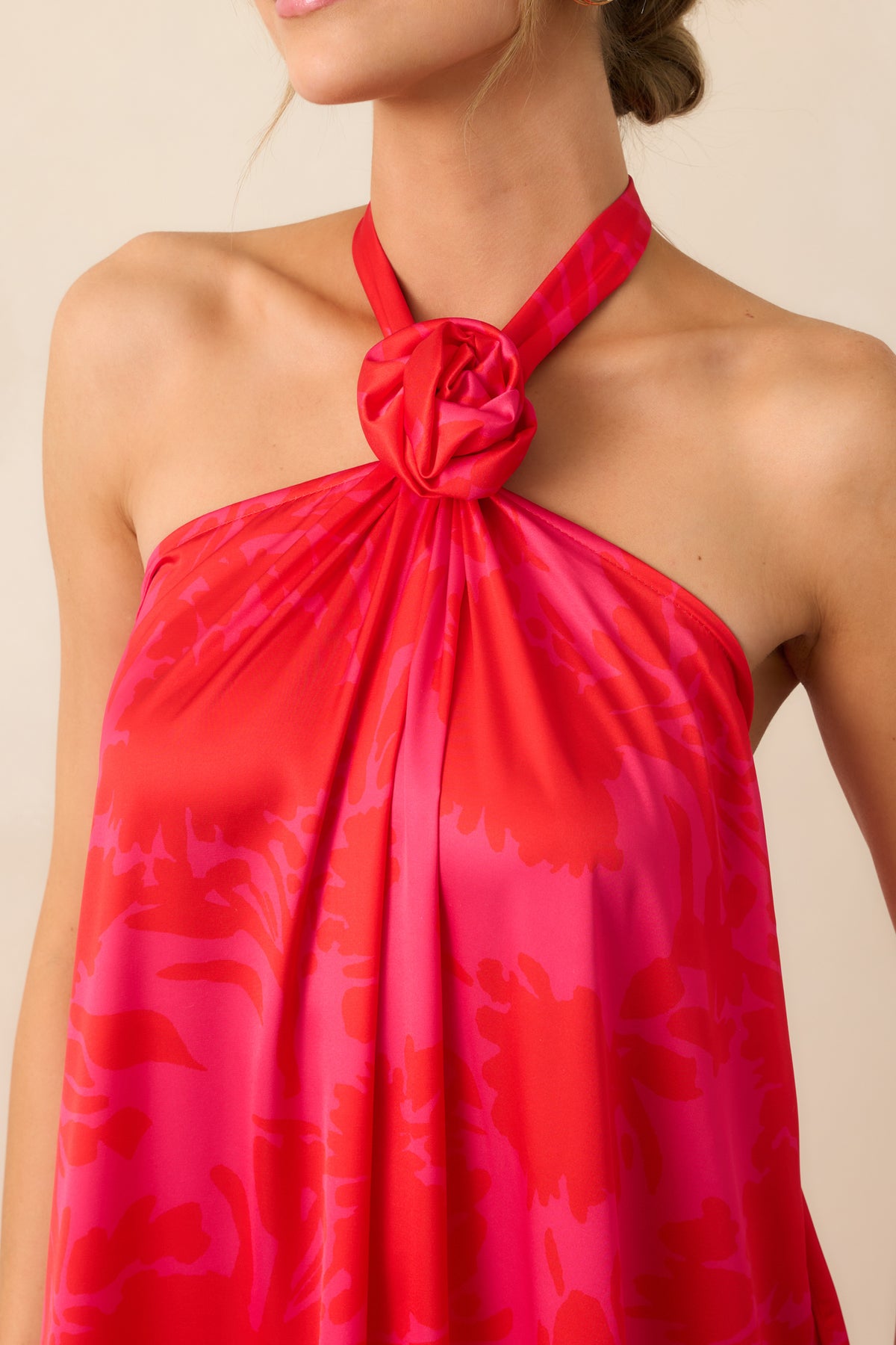 Red Floral Satin Halter Dress - Maxi Dresses | Red Dress