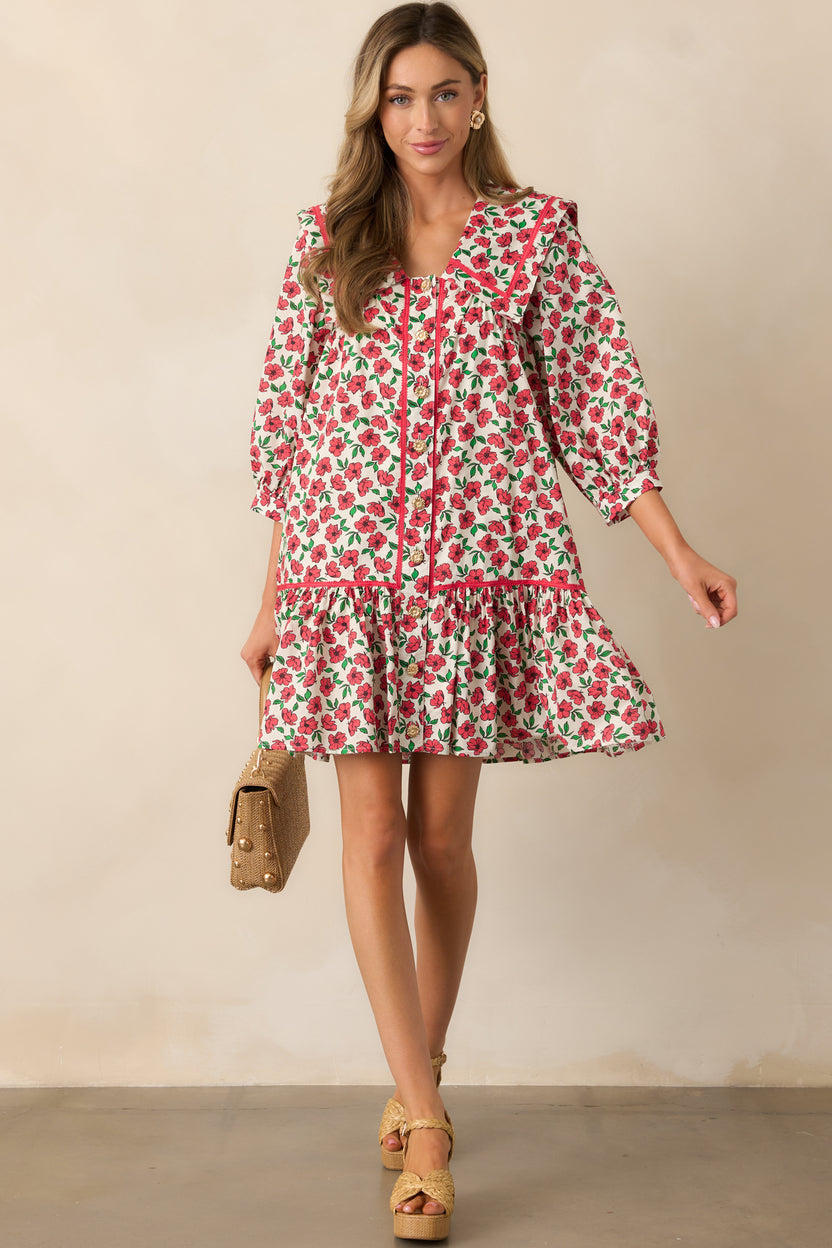 Red Floral Cotton Button Front Dress - Mini Dresses | Red Dress