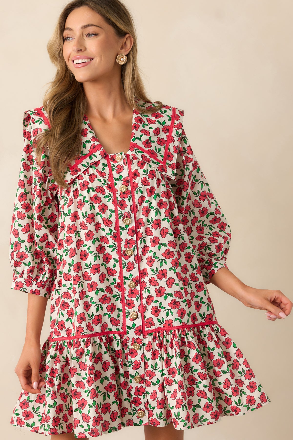 Red Floral Cotton Button Front Dress - Mini Dresses | Red Dress