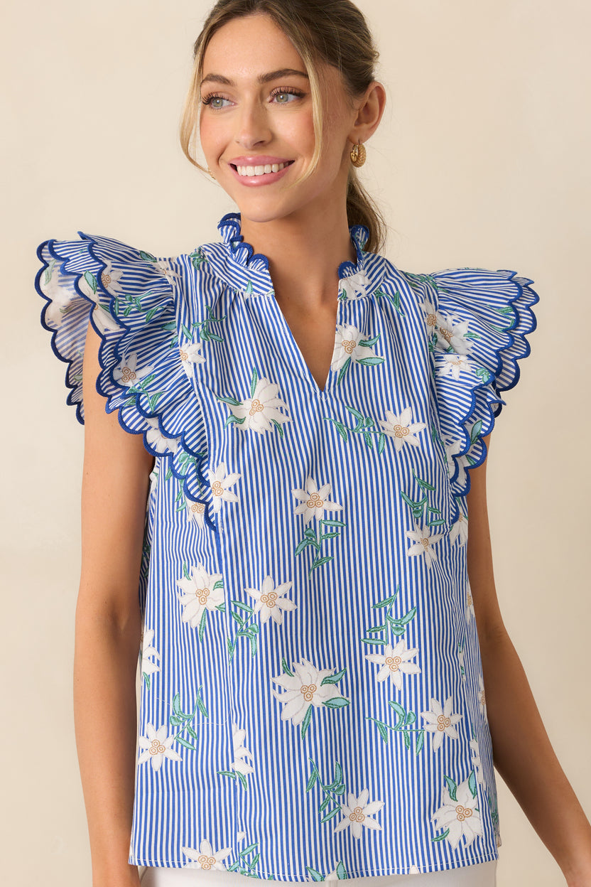 Blue Floral Cotton Flutter Sleeve Top - Fresh Florals | Red Dress