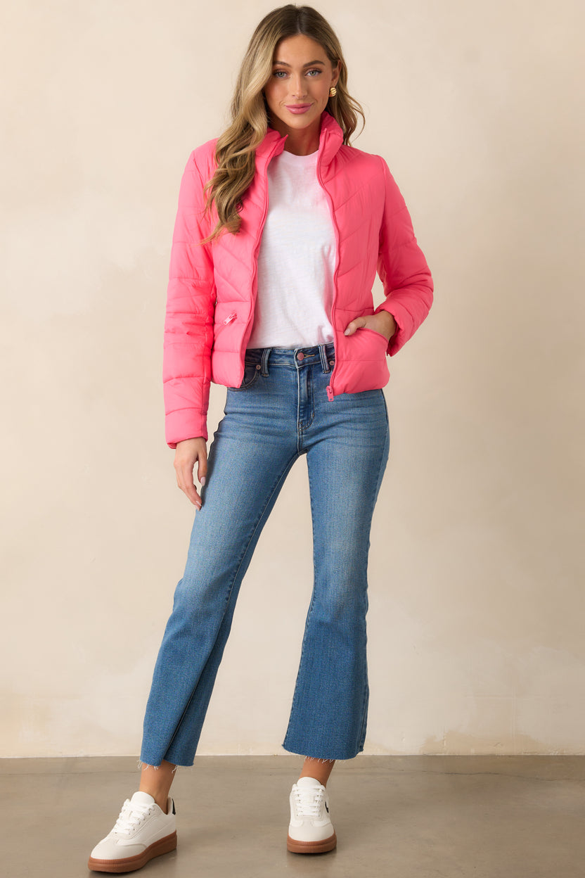 Bright Pink Puffer Jacket - All Outerwear | Red Dress