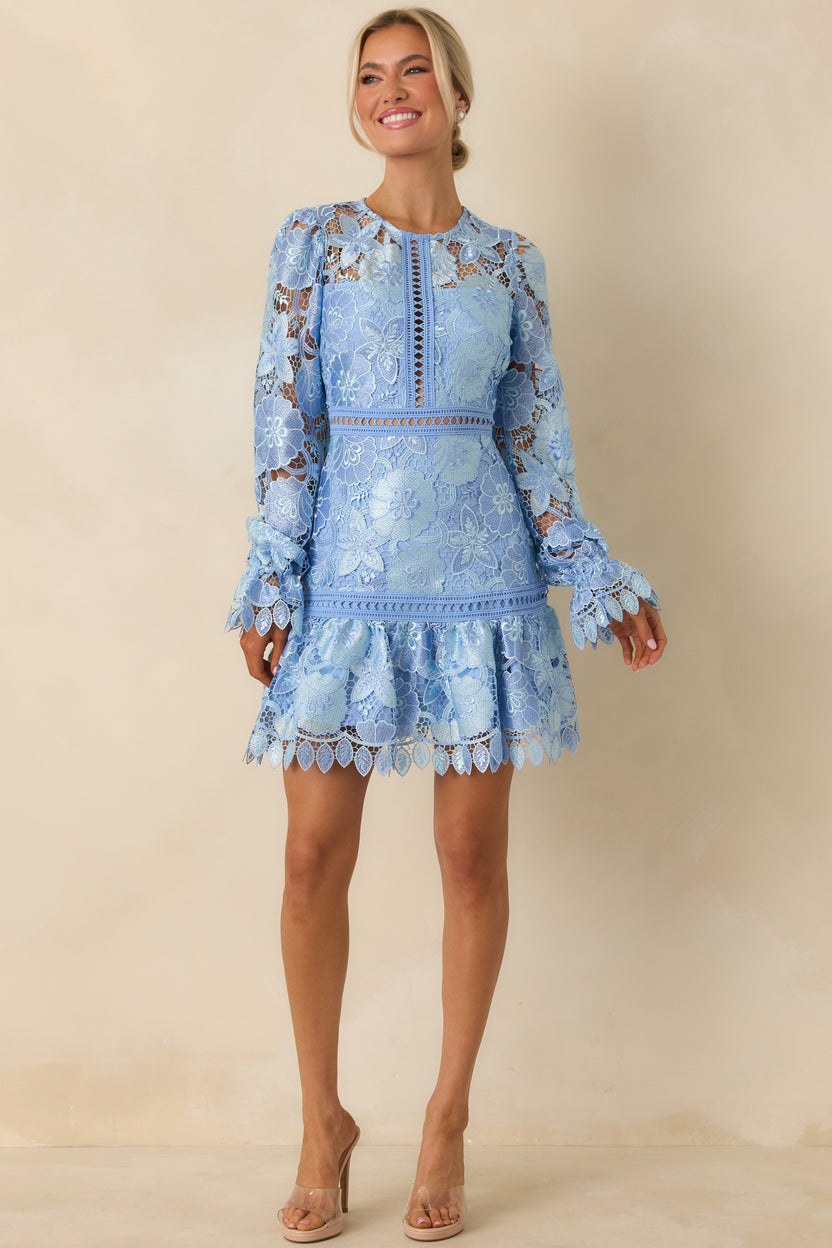 Light Blue Floral Embroidered Mini Dress - All Dresses | Red Dress
