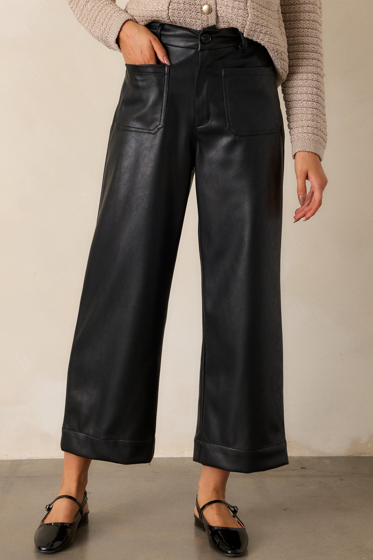 Black Faux Leather Wide Leg Pants - All Bottoms | Red Dress