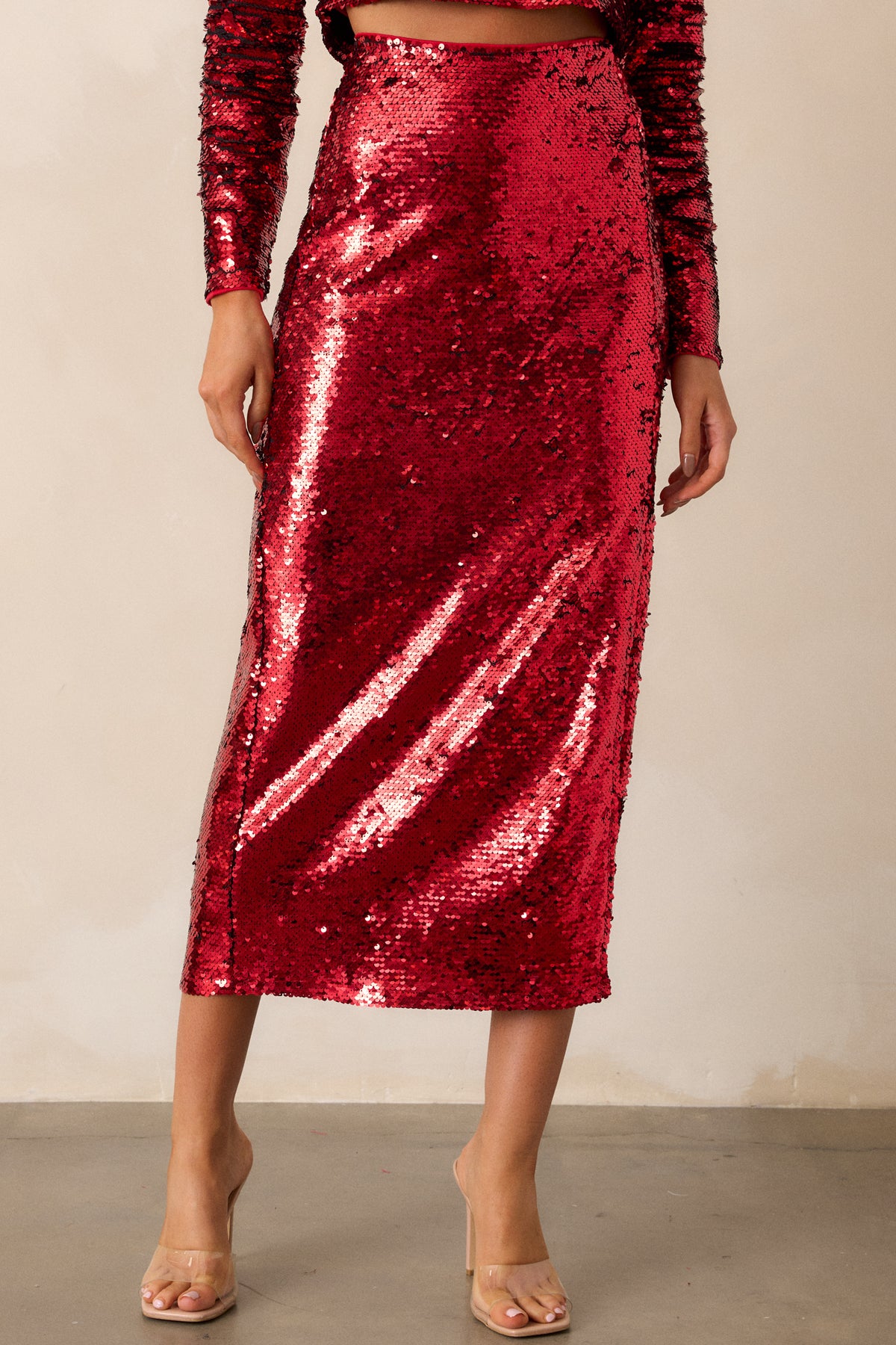 Red Sequin Midi Skirt With Slit - All Bottoms | Red Dress