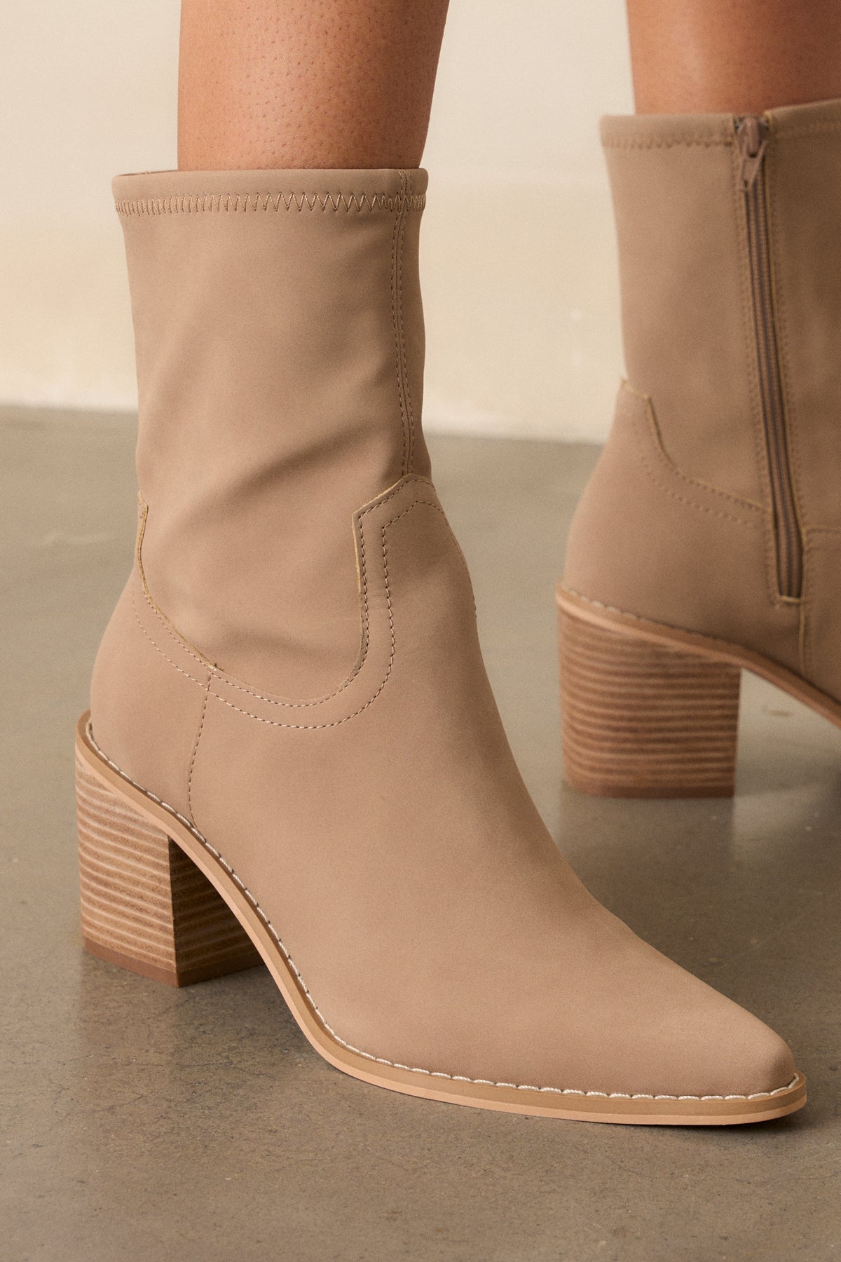 Taupe Stacked Heel Ankle Boots - All Shoes | Red Dress