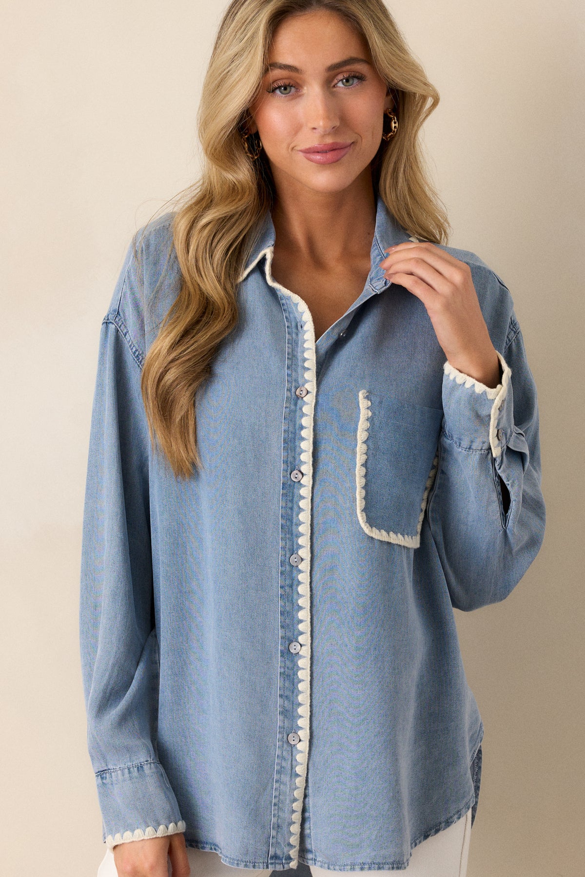 Light Chambray Button Front Top - Casual Tops | Red Dress
