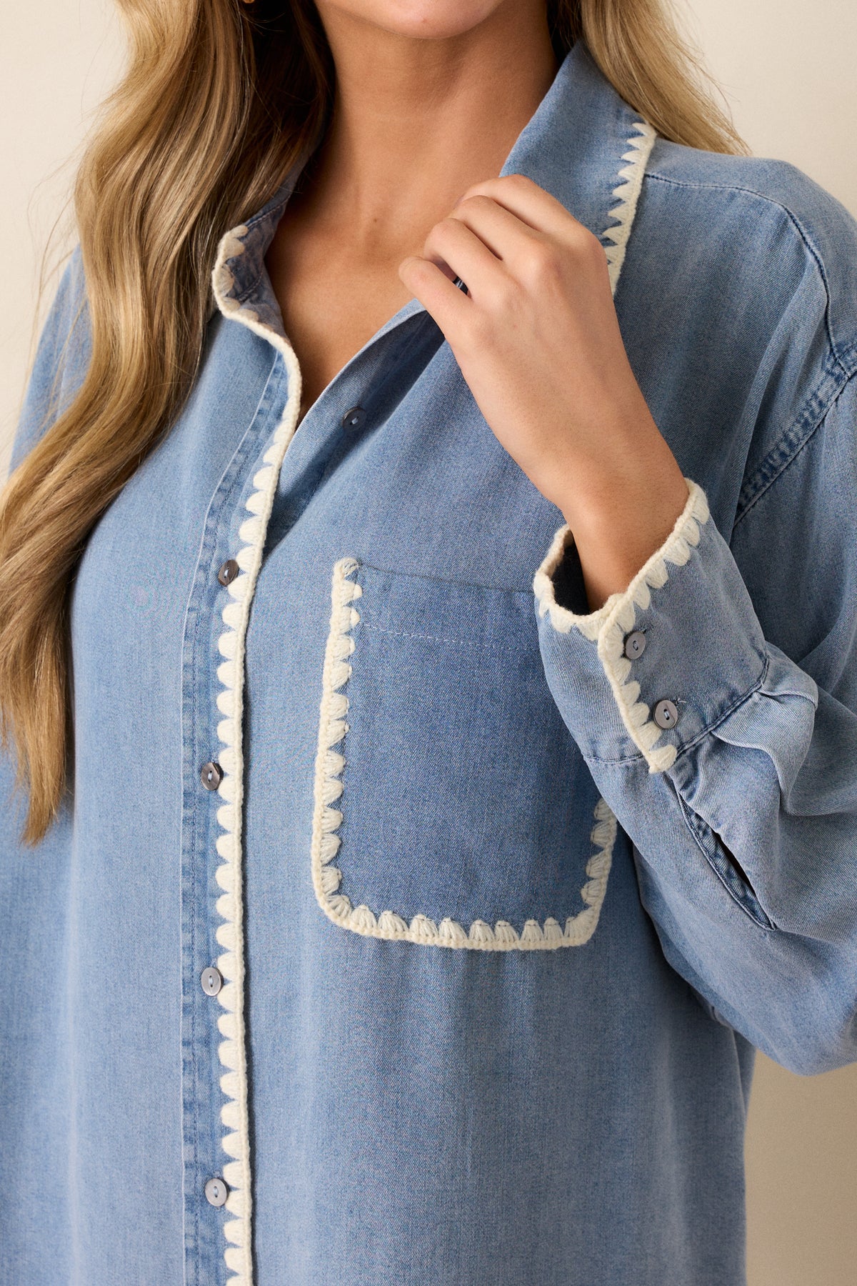 Light Chambray Button Front Top - Casual Tops | Red Dress