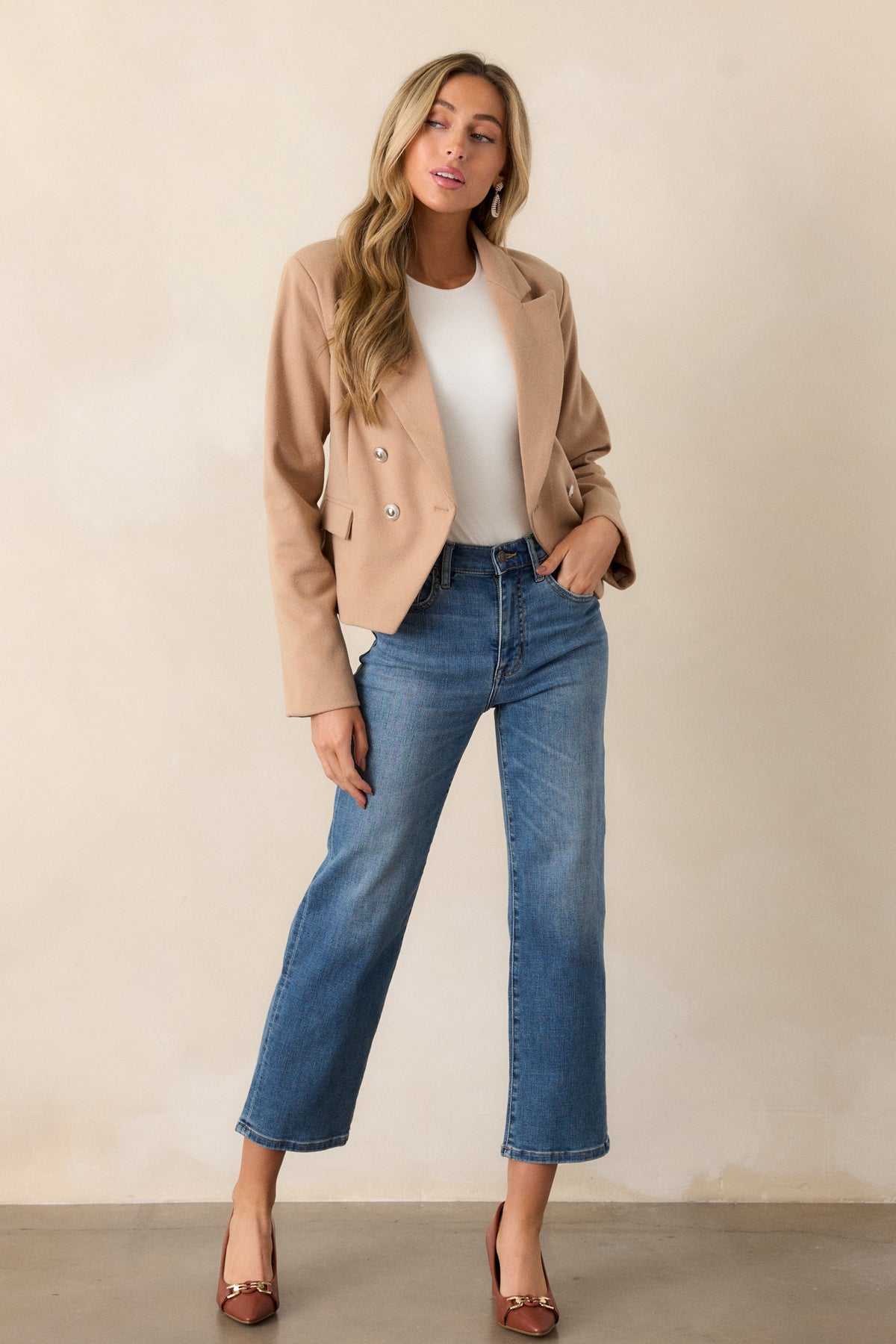 Tan Cropped Blazer - All Outerwear | Red Dress