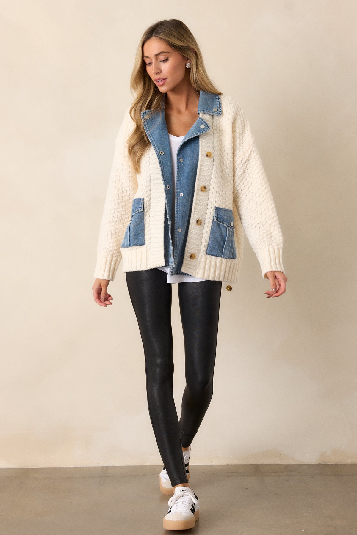 Ivory Knit and Denim Combo Jacket - All Outerwear | Red Dress
