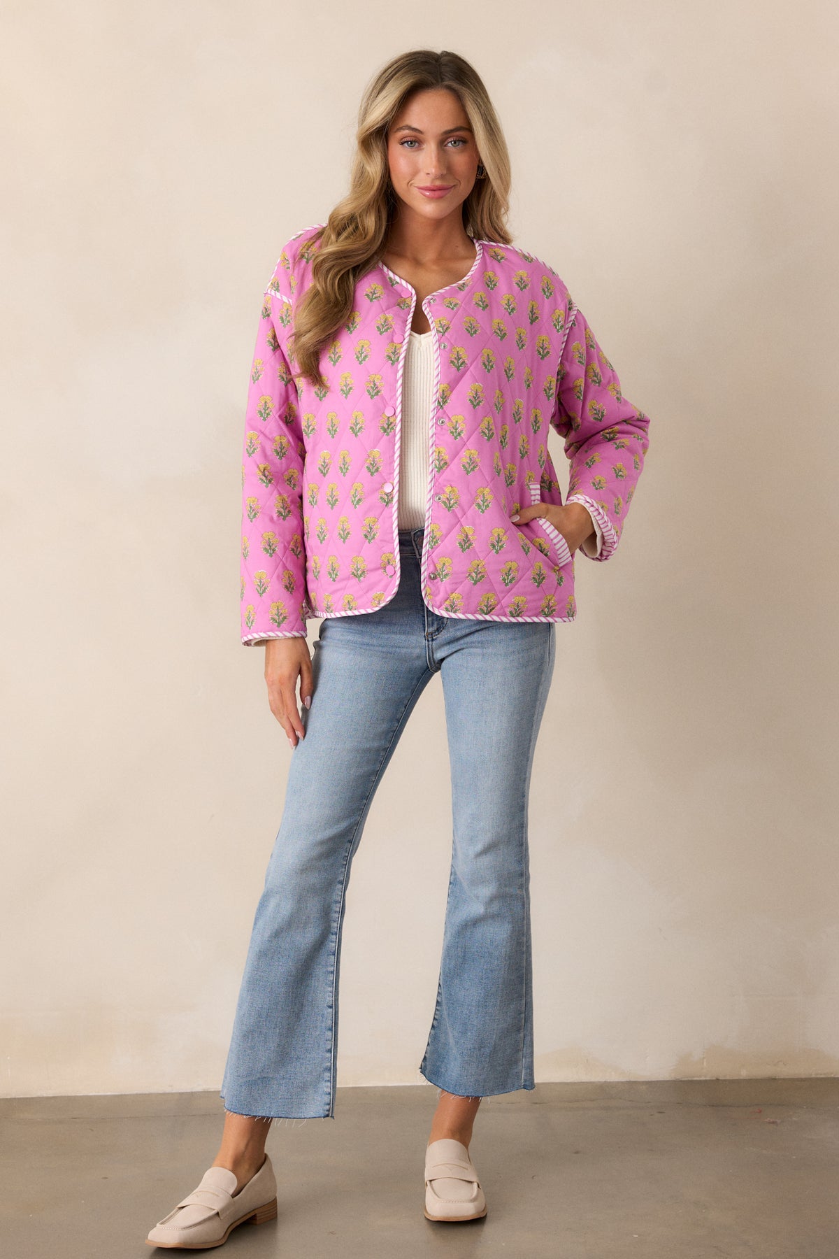 100% Cotton Pink Floral Quilted Jacket - All Outerwear | Red Dress