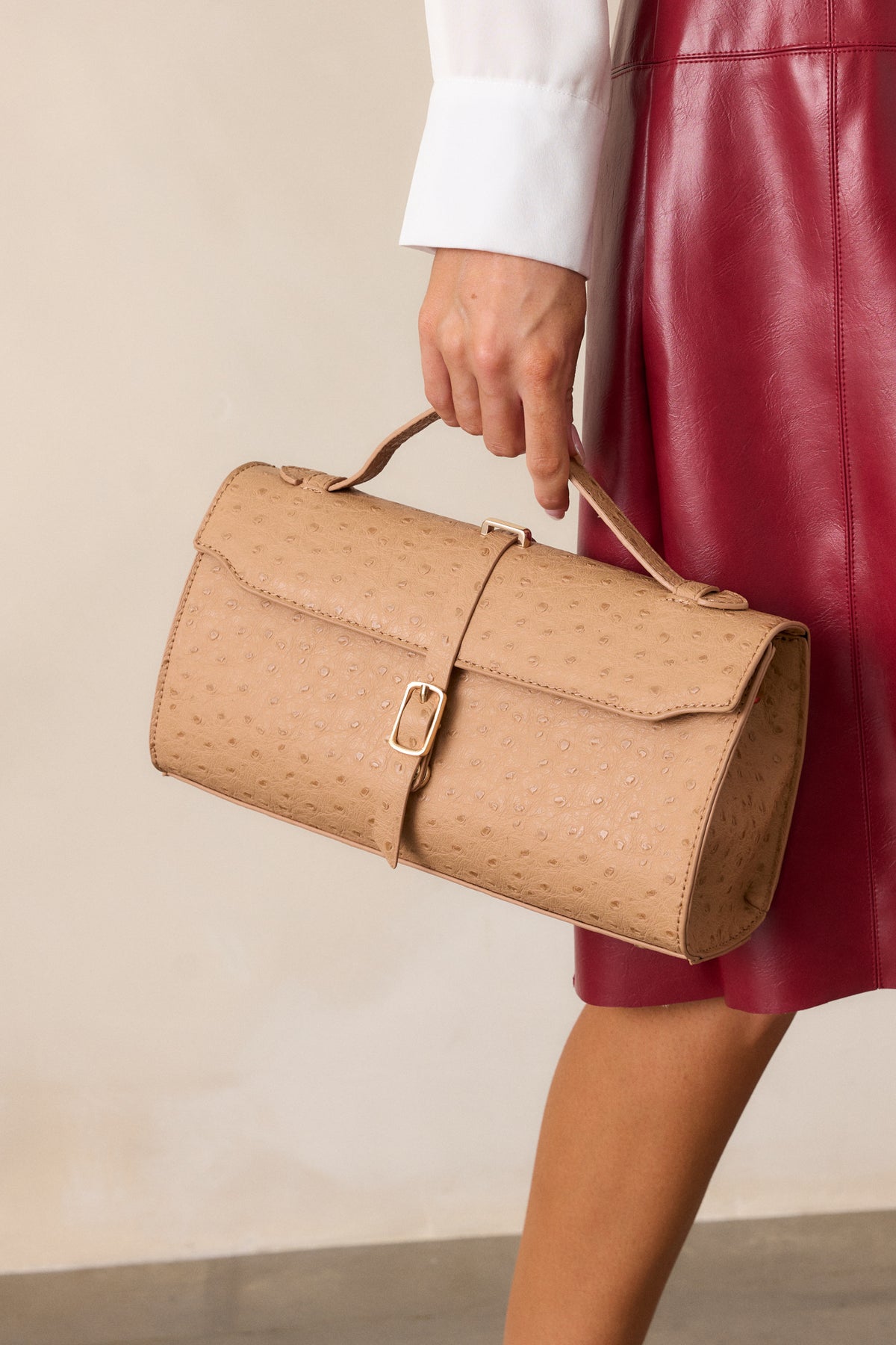 Camel Ostrich Print Handbag - All Accessories | Red Dress