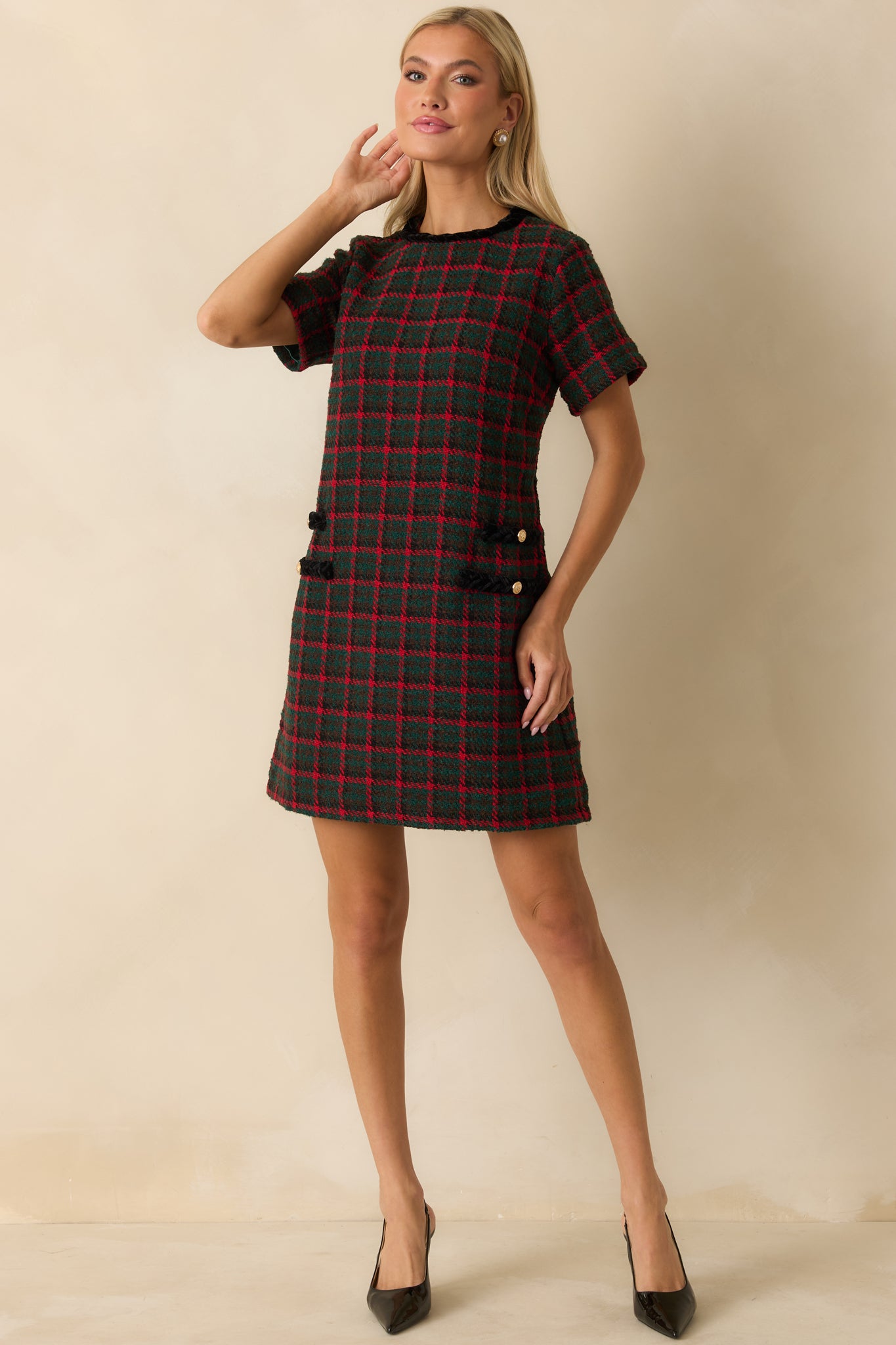 Prosperina Portia Green Multi Plaid Tweed Shift Dress | Red Dress