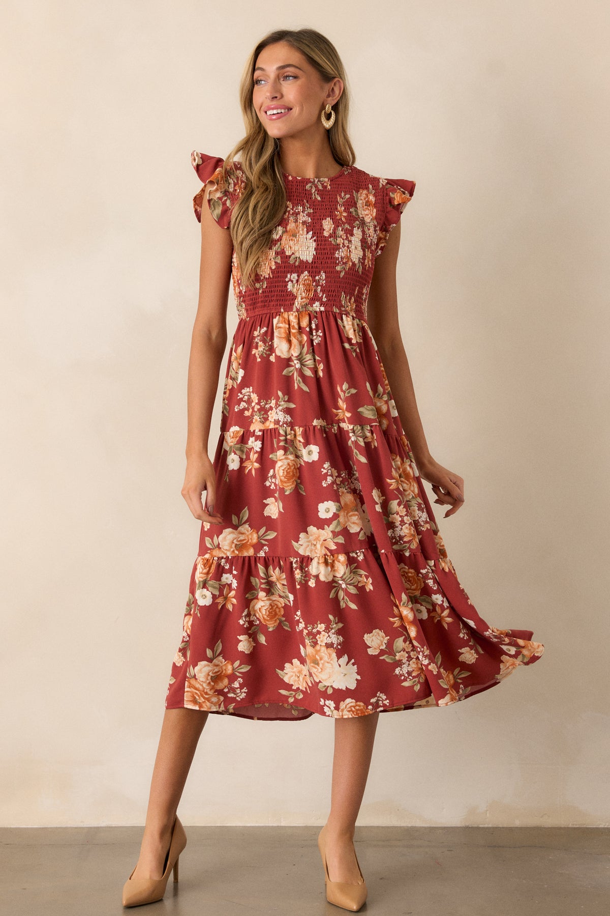 Red Floral Midi Dress - All Dresses | Red Dress