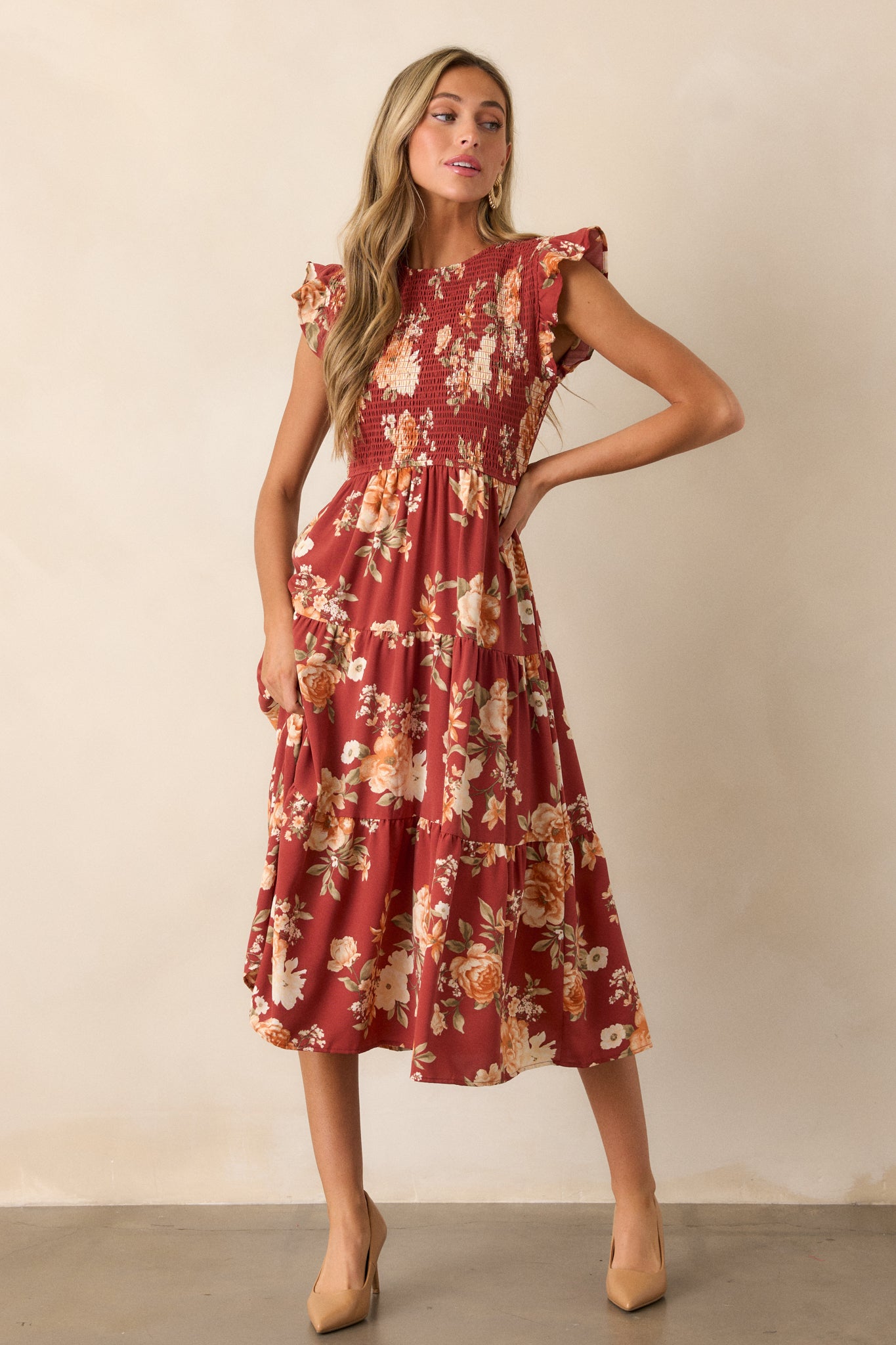 Red Floral Midi Dress - All Dresses | Red Dress