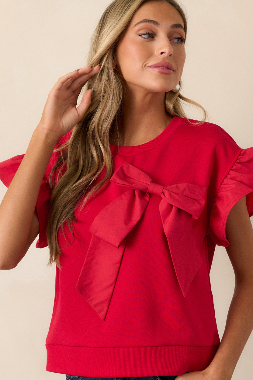 Red Ruffle Sleeve Bow Top - Short Sleeve Tops | Red Dress