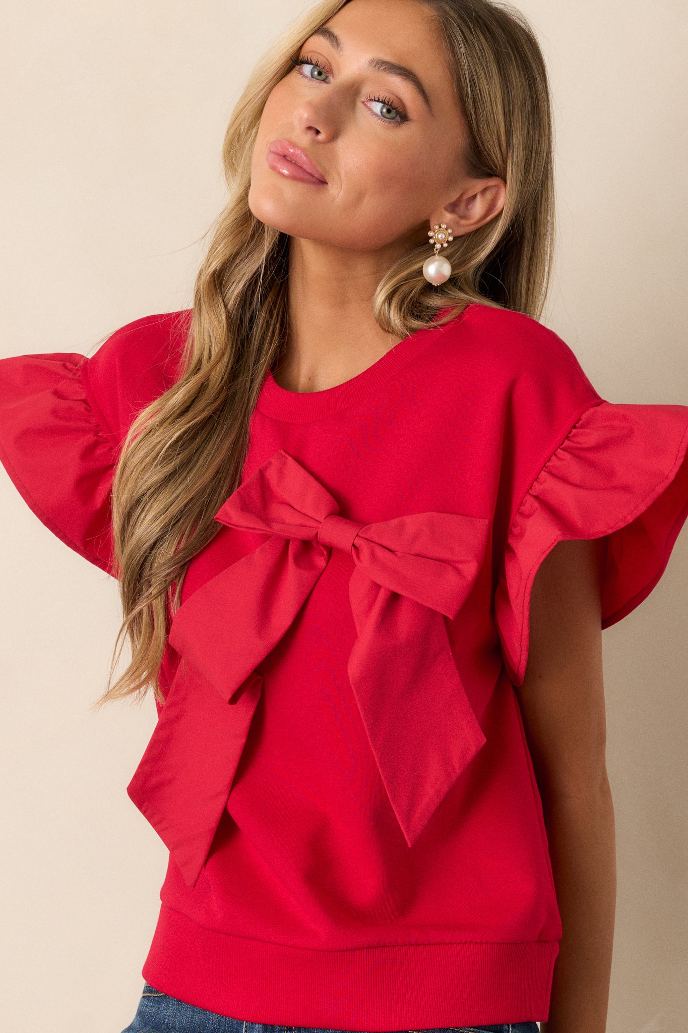 Red Ruffle Sleeve Bow Top - Short Sleeve Tops | Red Dress