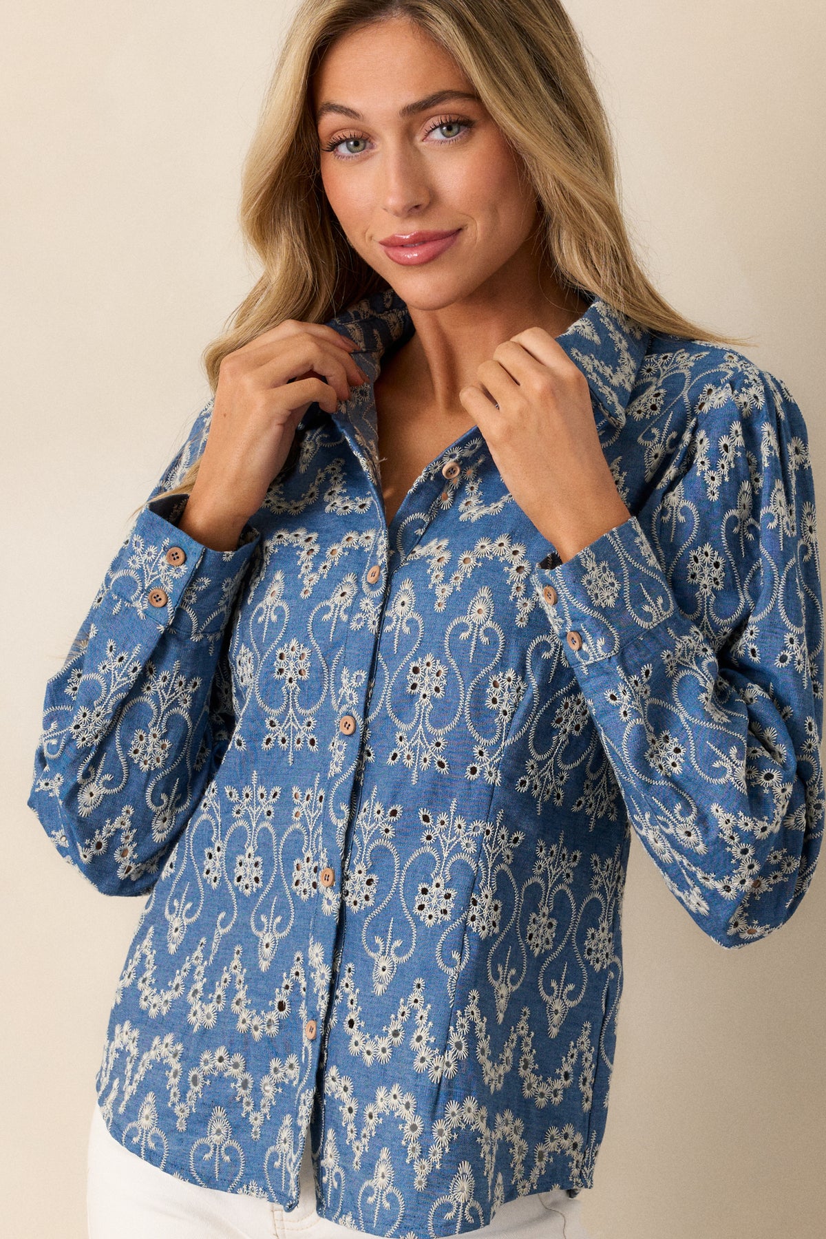100% Cotton Blue Button Front Eyelet Top - Casual Tops | Red Dress