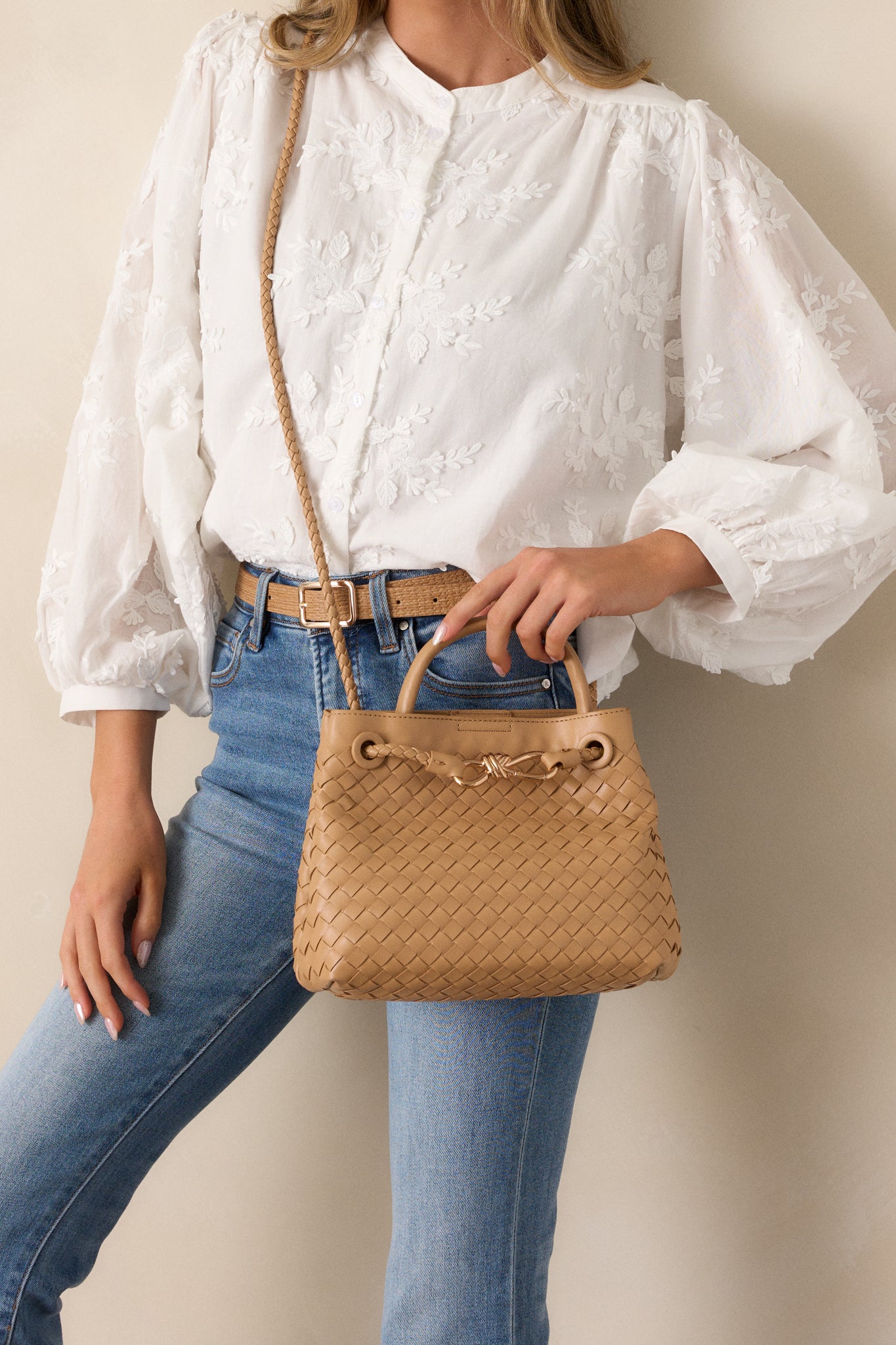 Tan Woven Faux Leather Handbag - All Handbags | Red Dress
