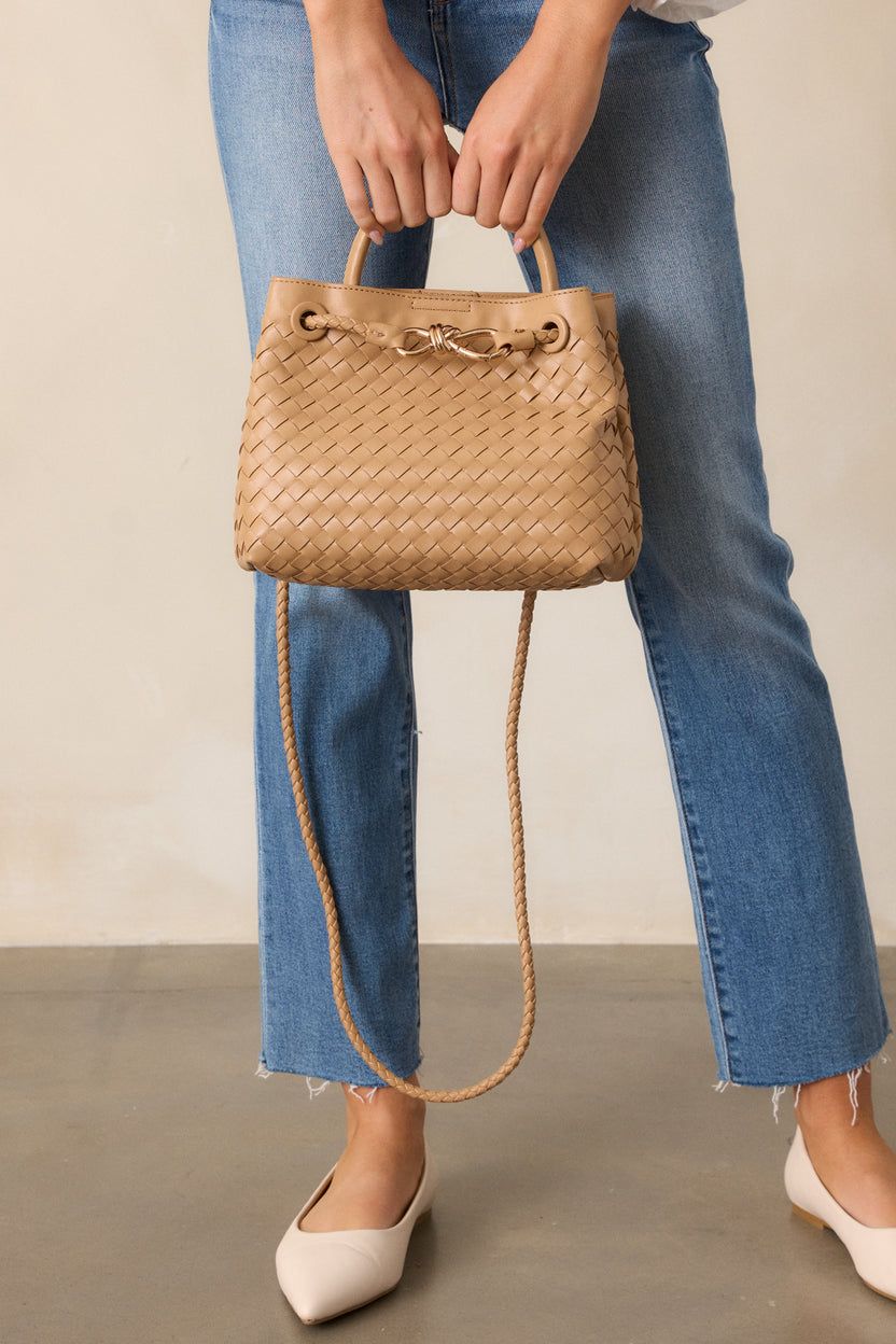 Tan Woven Faux Leather Handbag - All Handbags | Red Dress