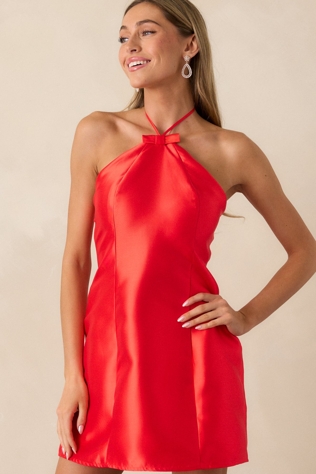 Cute Red Satin Halter Mini Dress - All Dresses | Red Dress
