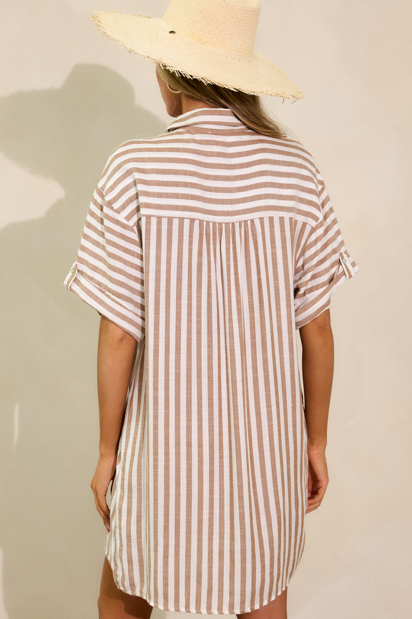 Taupe Stripe Button Front Mini Dress - All Dresses | Red Dress