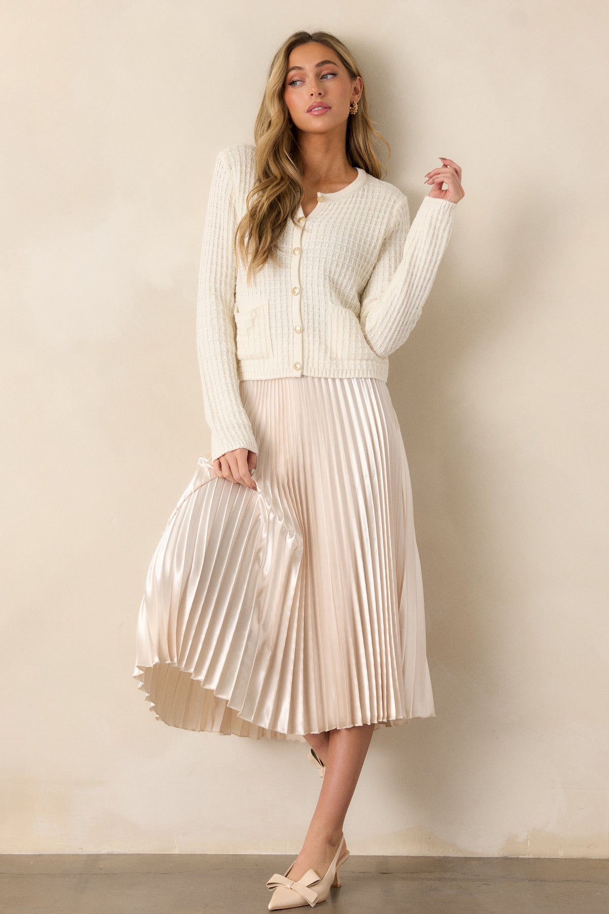 Ivory Pleated Midi Skirt - All Skirts | Red Dress