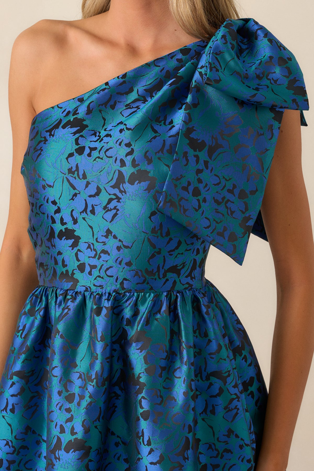Blue Jacquard One Shoulder Midi Dress - All Dresses | Red Dress