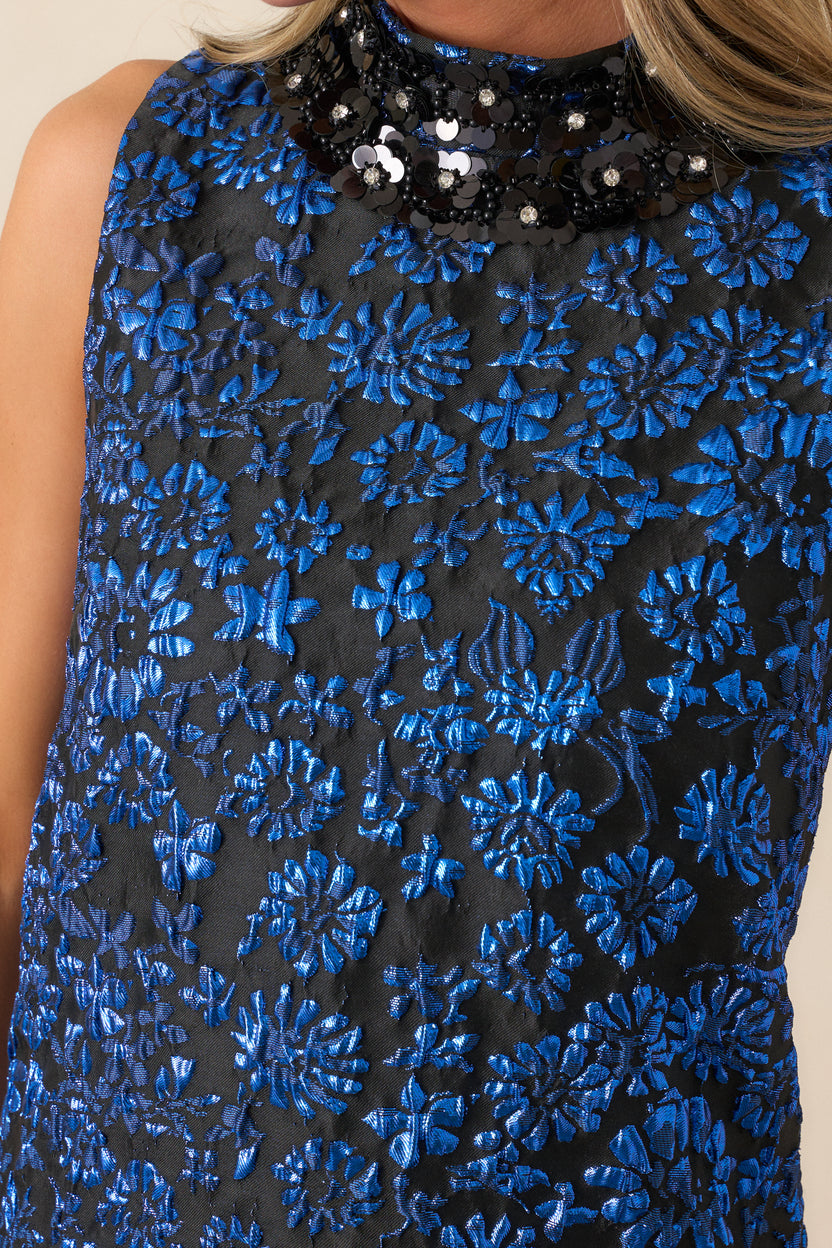 Midnight Blue Floral Jacquard Mini Dress - All Dresses | Red Dress