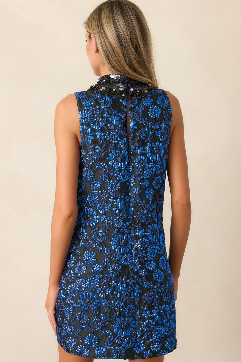 Midnight Blue Floral Jacquard Mini Dress - All Dresses | Red Dress